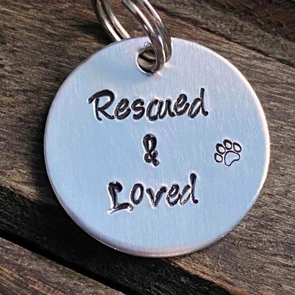 Dog Or Cat Tag, “rescued & Loved” Tag, Hand Stamped, Collar Tag on Luulla